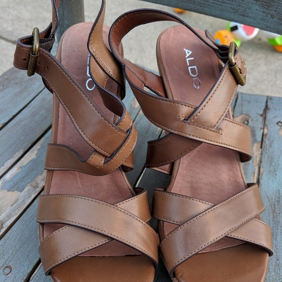 Aldo | Shoes | Womens Aldo Tan Leather Wedge Sandals Size 939 | Poshmark
